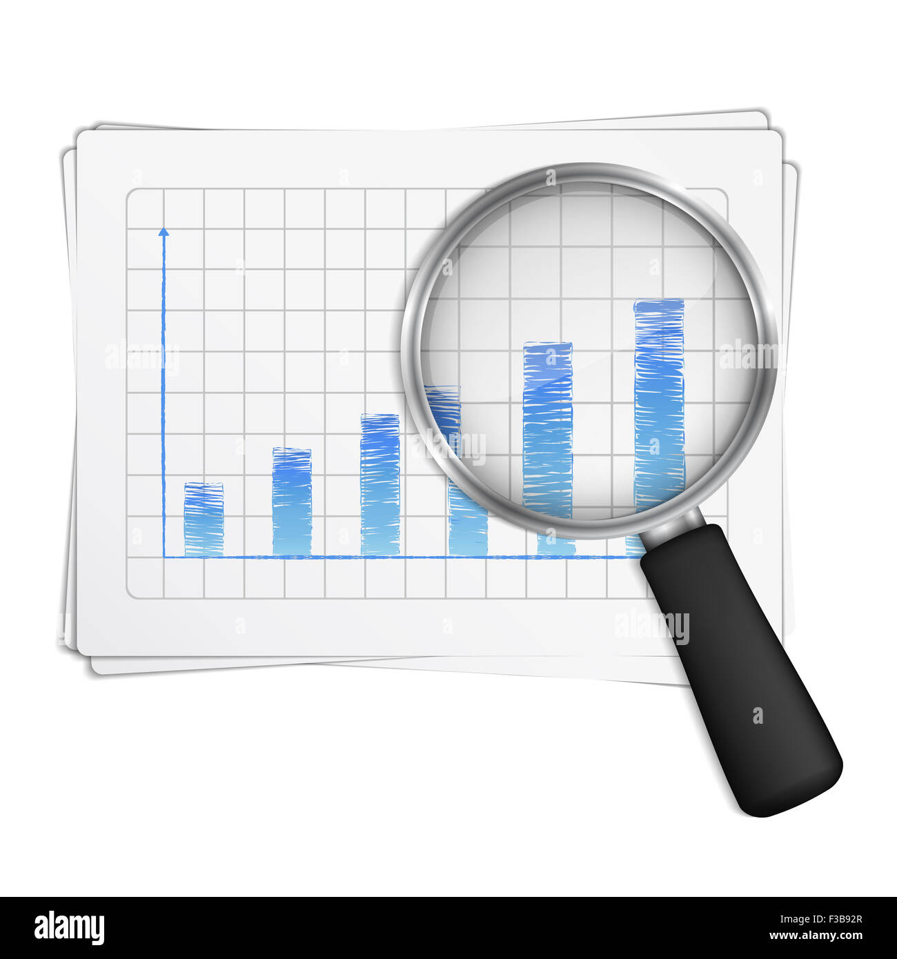 Magnifying glass showing rising bar graph Stock Photo - Alamy