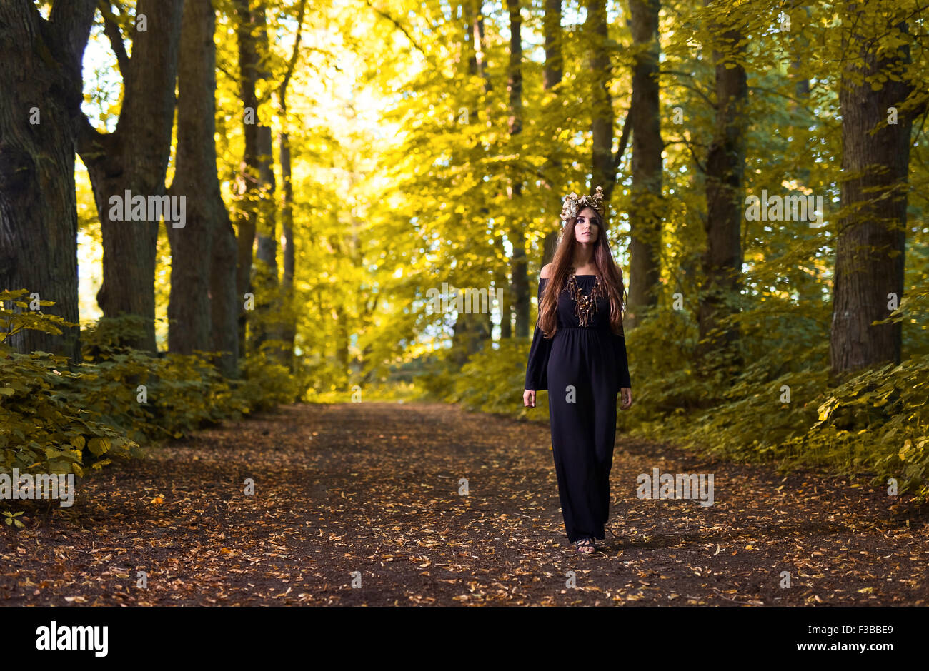 Young witch in autumn forest hi-res stock photography and images - Alamy
