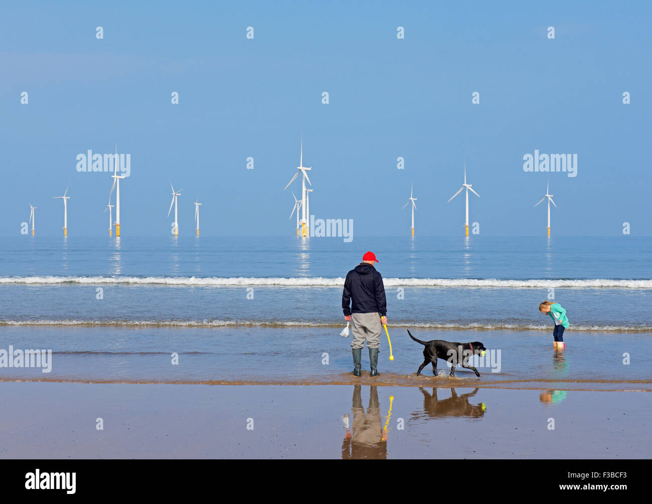 Man, girl and dog on the beach at Redcar, Cleveland, England UK Stock ...