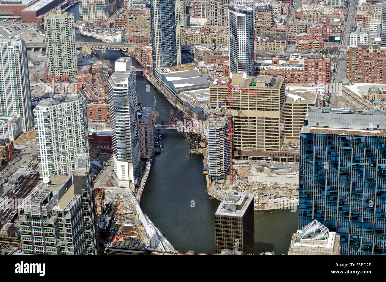 Aerial view Chicago with skyscrapers and Chicago river in winter Stock ...