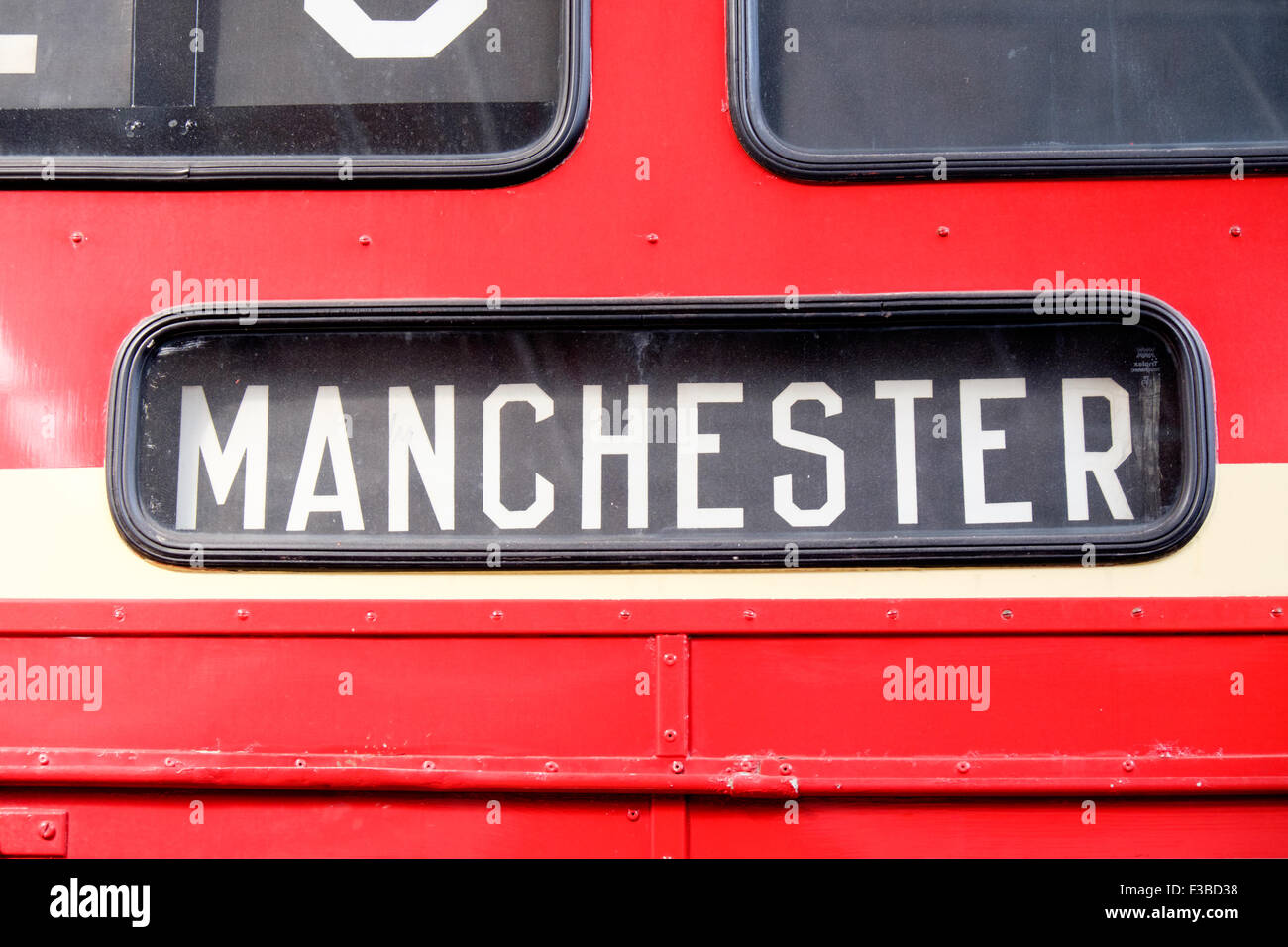 Destination board showing "Manchester" on bus at Museum of Transport ...