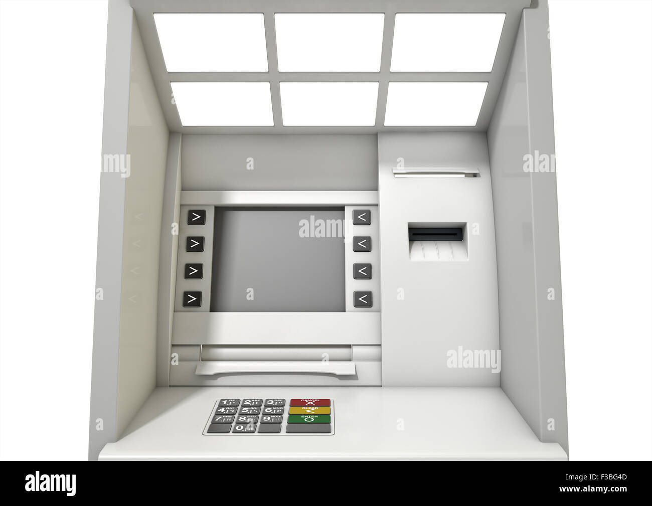 A closeup view of a generic atm facade with a blank screen on an ...
