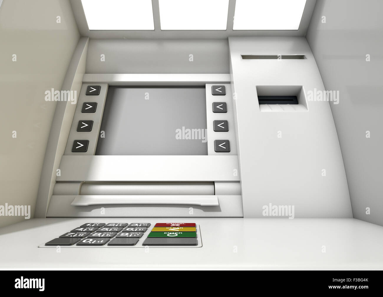 A closeup view of a generic atm facade with a blank screen on an ...