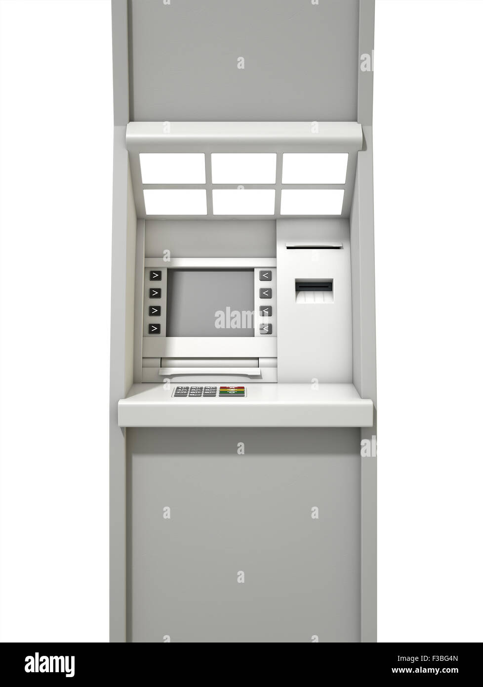 A closeup view of a generic atm facade with a blank screen on an ...