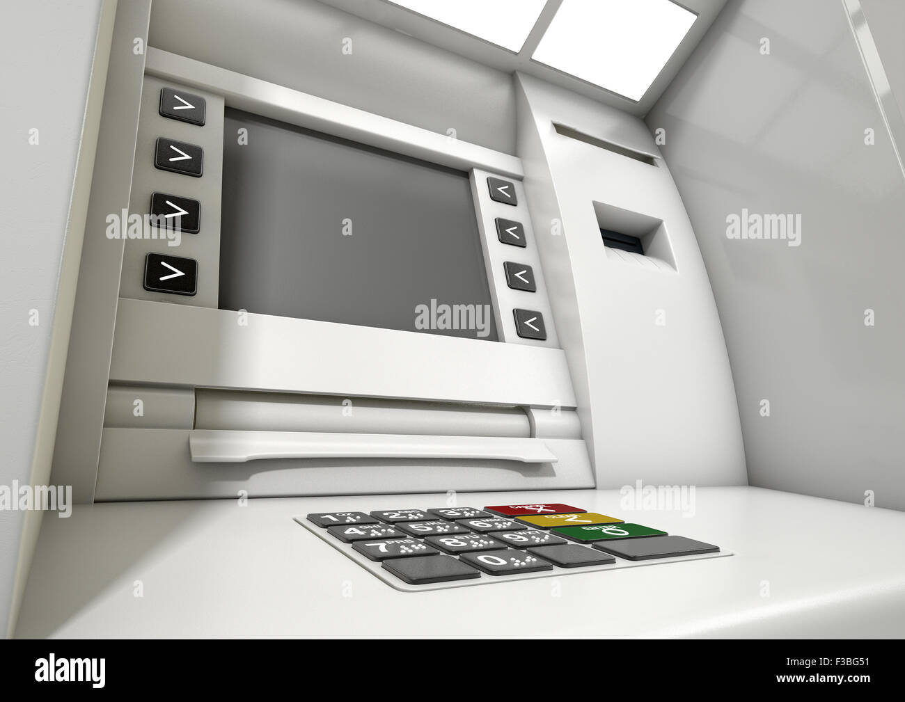 A closeup view of a generic atm facade with a blank screen on an ...