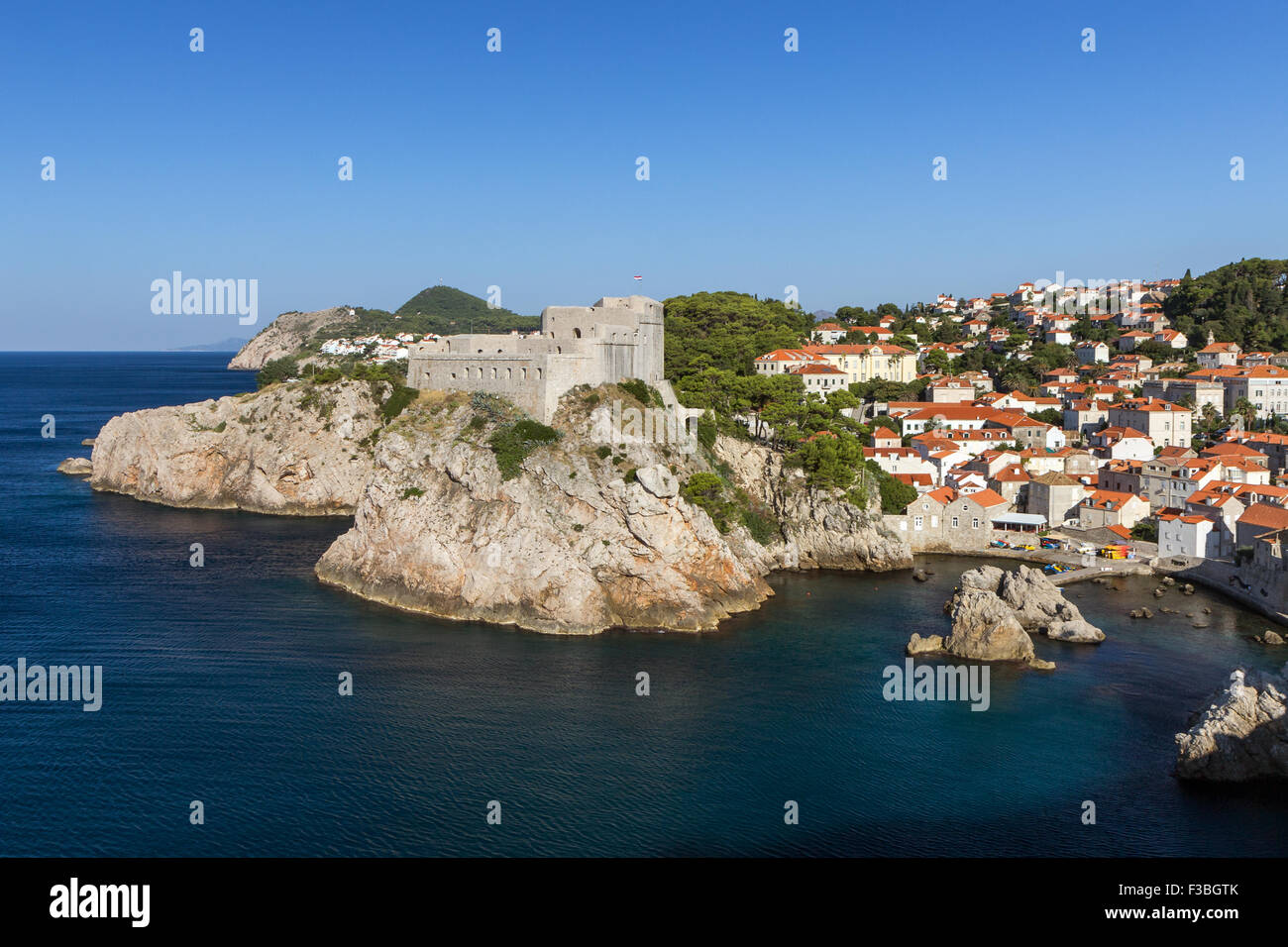 View of Fort Lovrijenac (St. Lawrence Fortress) on a steep cliff and ...