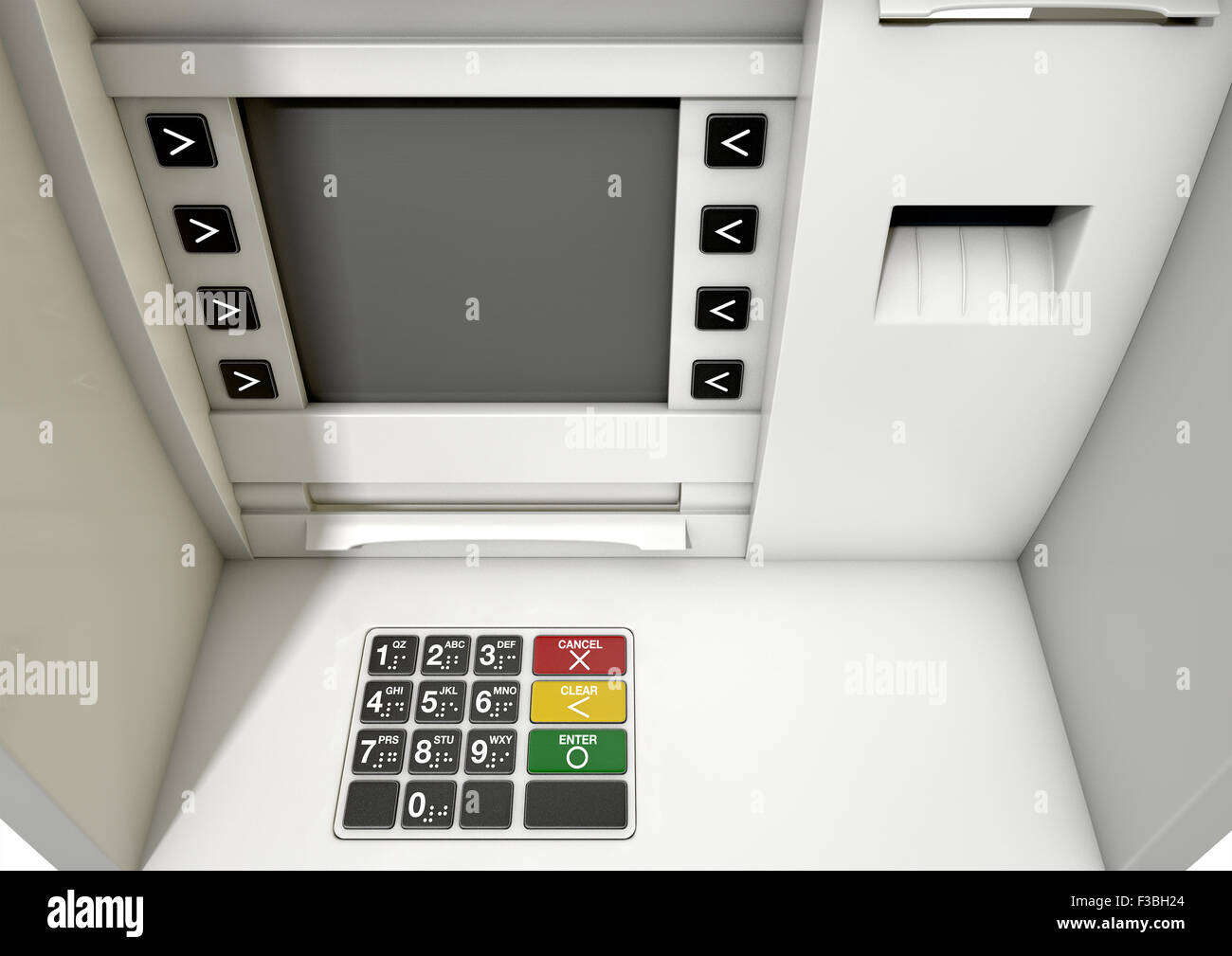 A closeup view of a generic atm facade with a blank screen on an ...