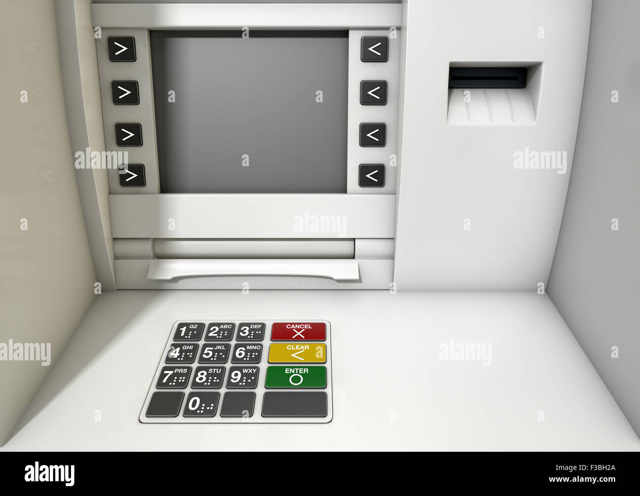 A closeup view of a generic atm facade with a blank screen on an ...