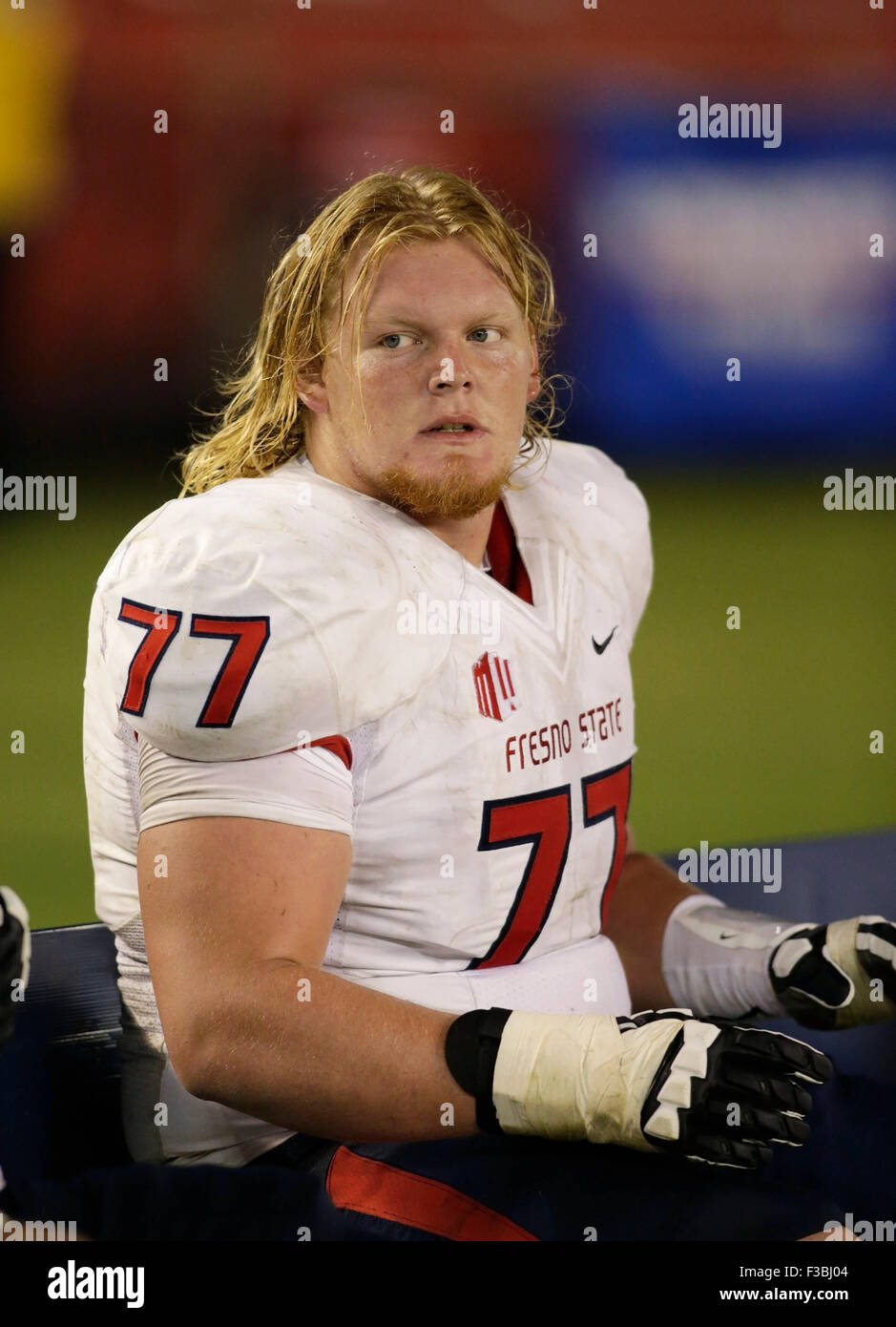 San Diego, CA. 03rd Oct, 2015. Fresno State Bulldogs OL #77 Aaron ...