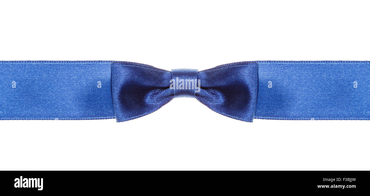 symmetrical blue bow knot on wide silk ribbon isolated on white ...