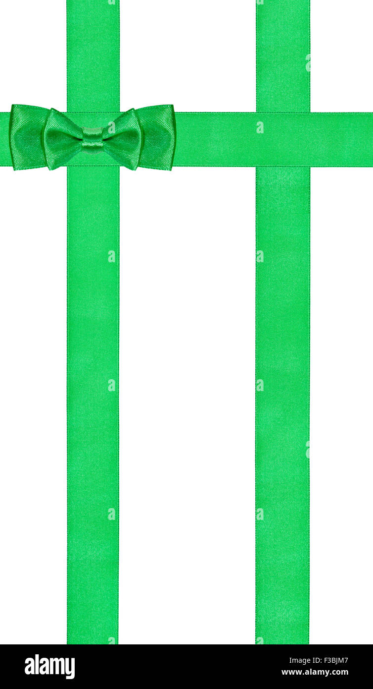 one double green bow knot on three vertical satin ribbons isolated on ...