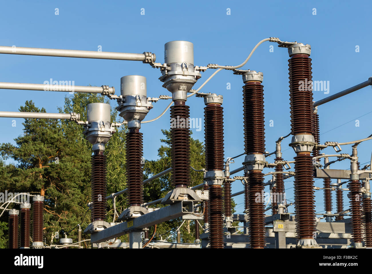 Electric substation tower for generating energy with sky background ...