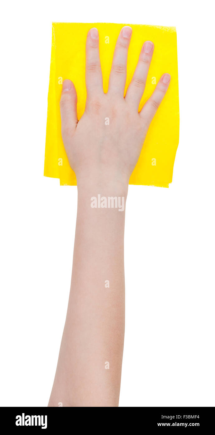 top view of hand with yellow wiping rag isolated on white background ...