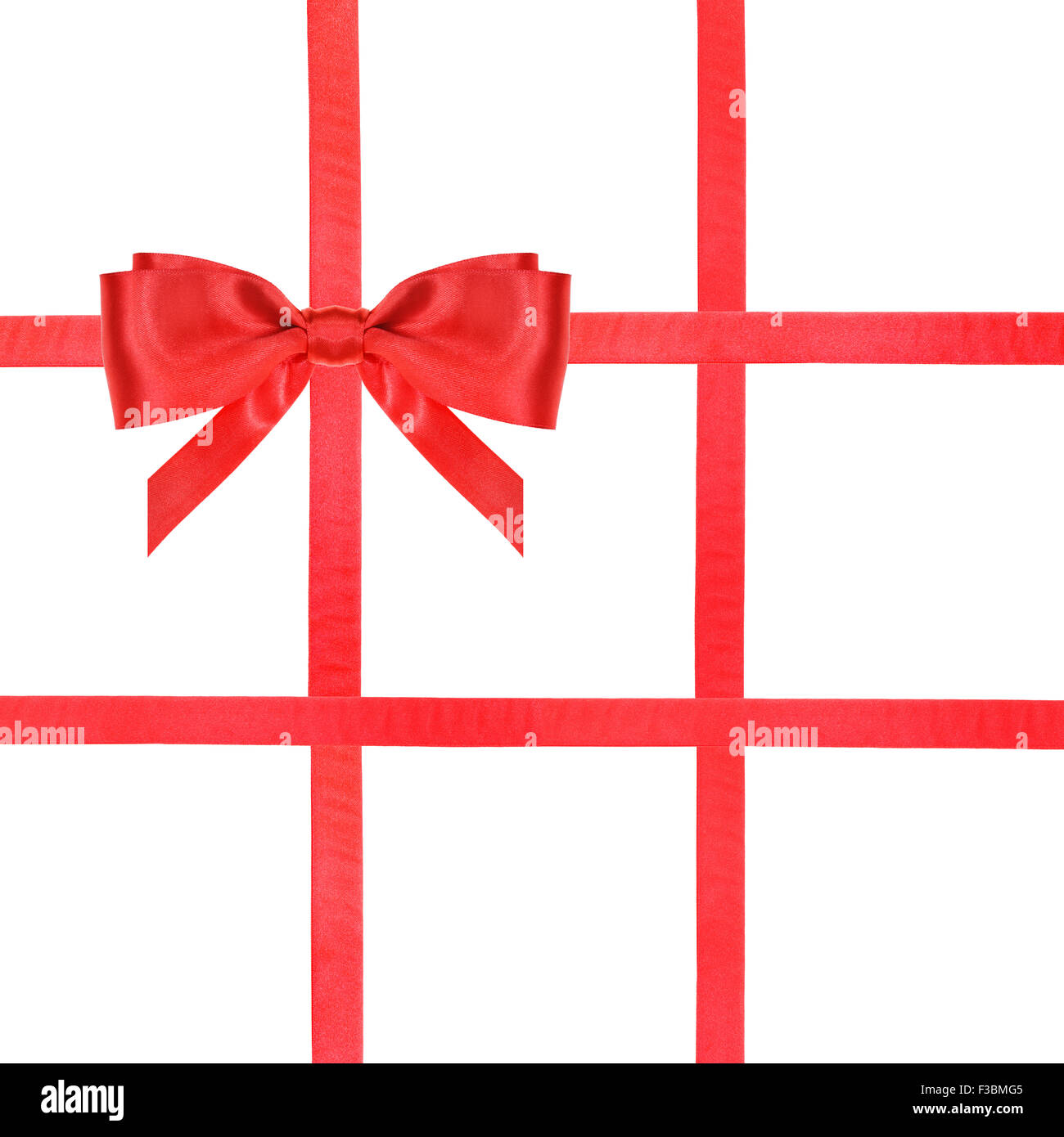 one red satin bow in upper left corner and four intersecting ribbons ...