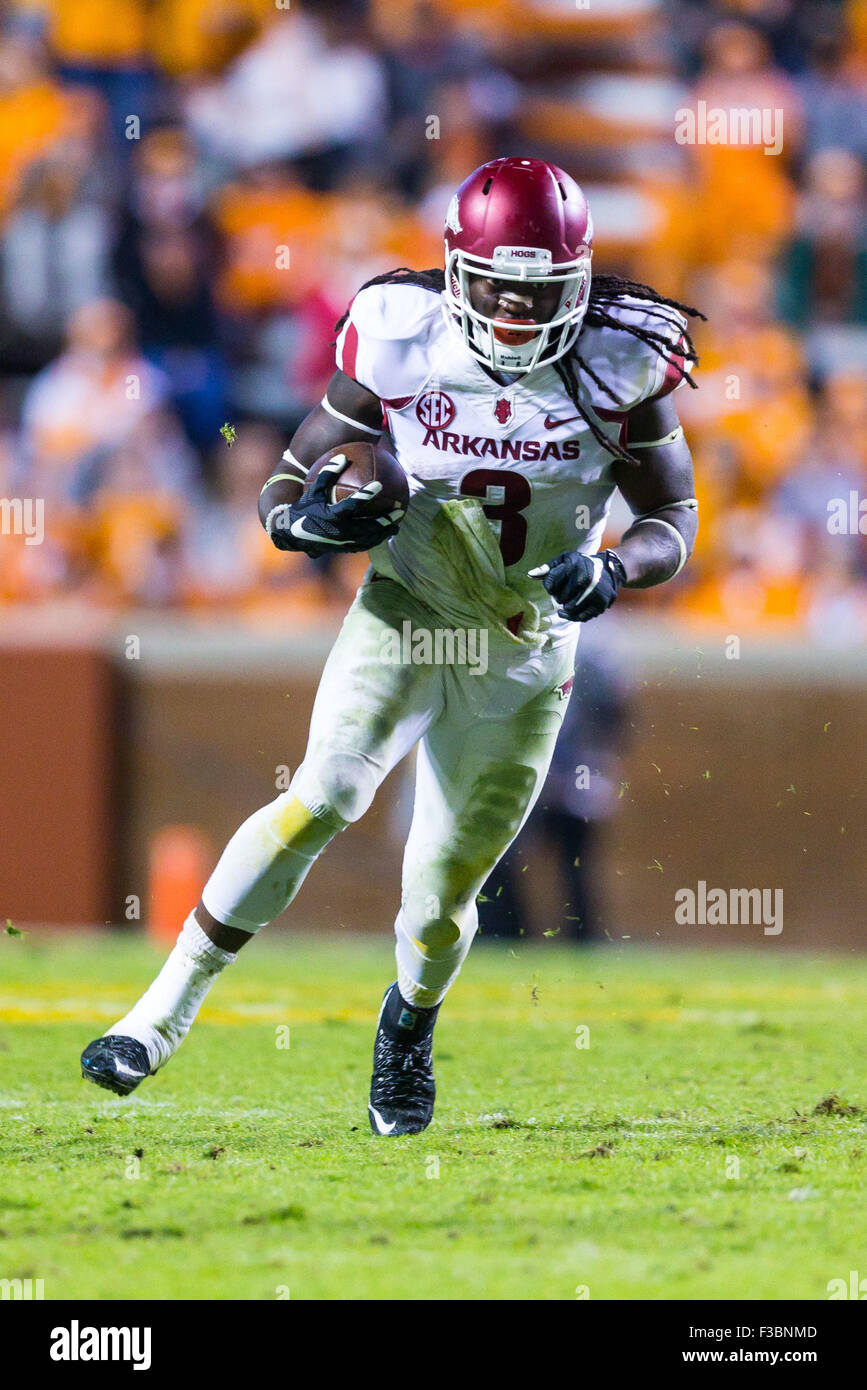 October 03, 2015: Alex Collins #3 of the Arkansas Razorbacks runs the ...
