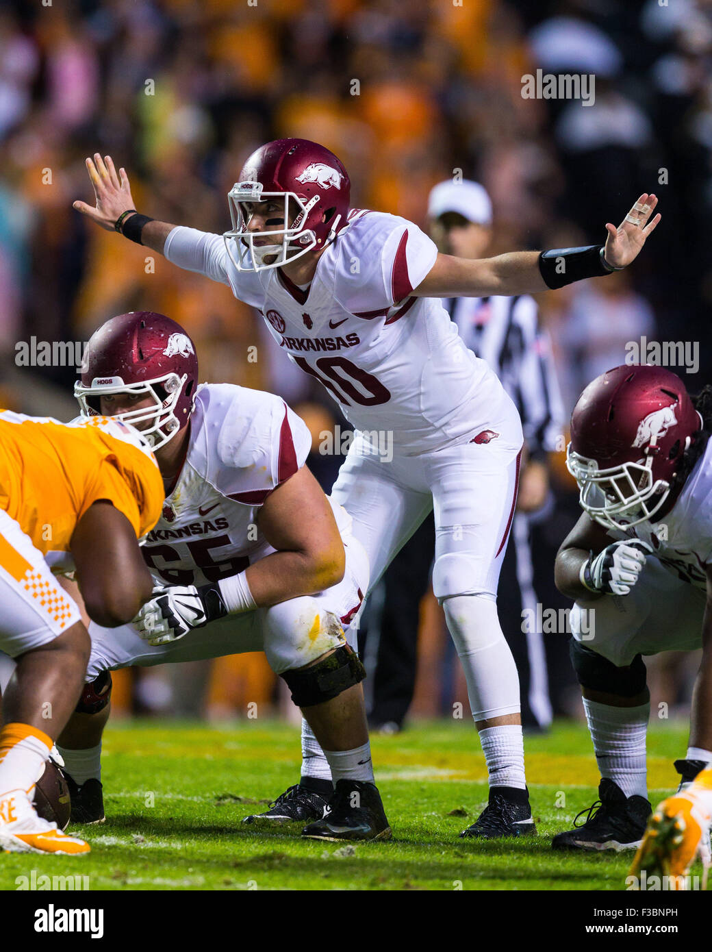 October 03, 2015: Brandon Allen #10 of the Arkansas Razorbacks calls ...