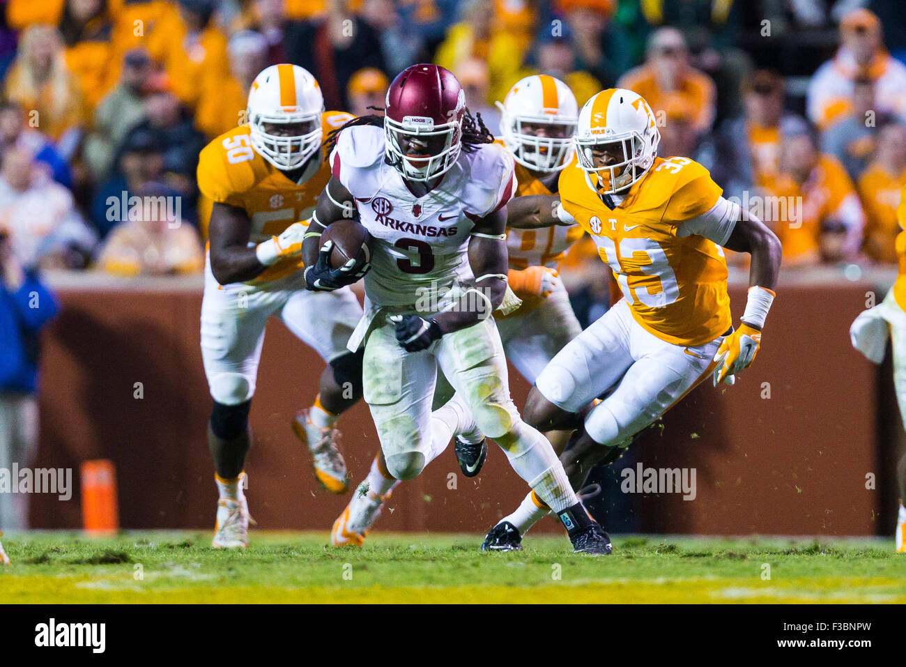 October 03, 2015: Alex Collins #3 of the Arkansas Razorbacks runs the ...