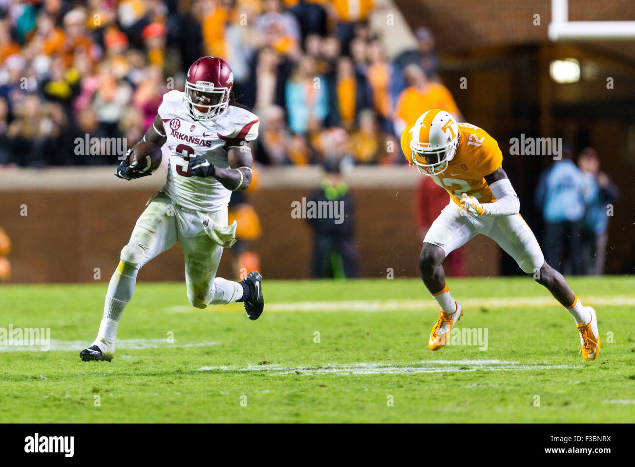 October 03, 2015: Alex Collins #3 of the Arkansas Razorbacks runs the ...
