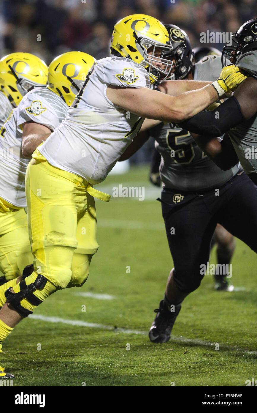 Boulder. 3rd Oct, 2015. Oregon's Cameron Hunt blocks a Colorado ...