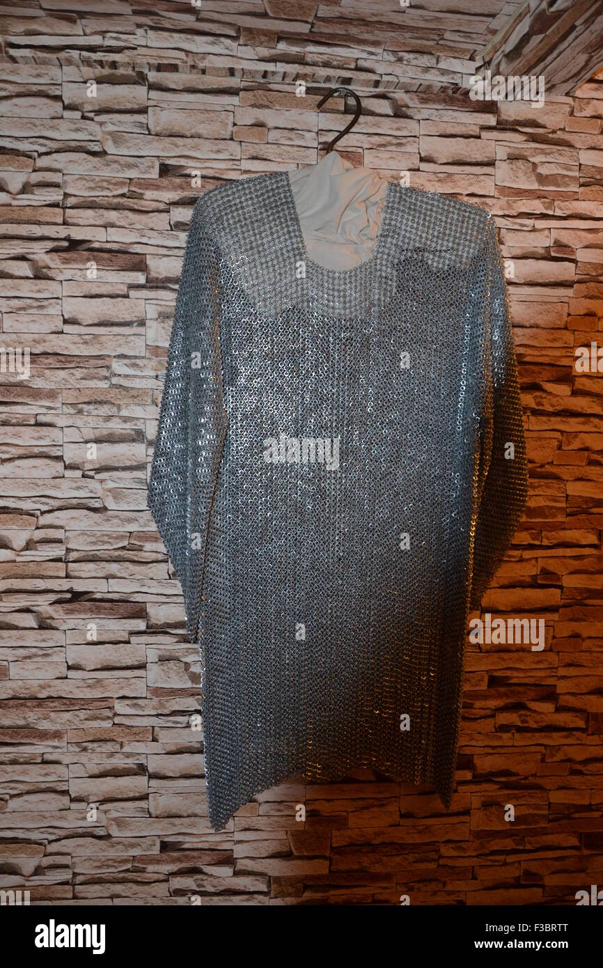 The knight's chain armor hanging on a hanger. Fitting of knightly ...