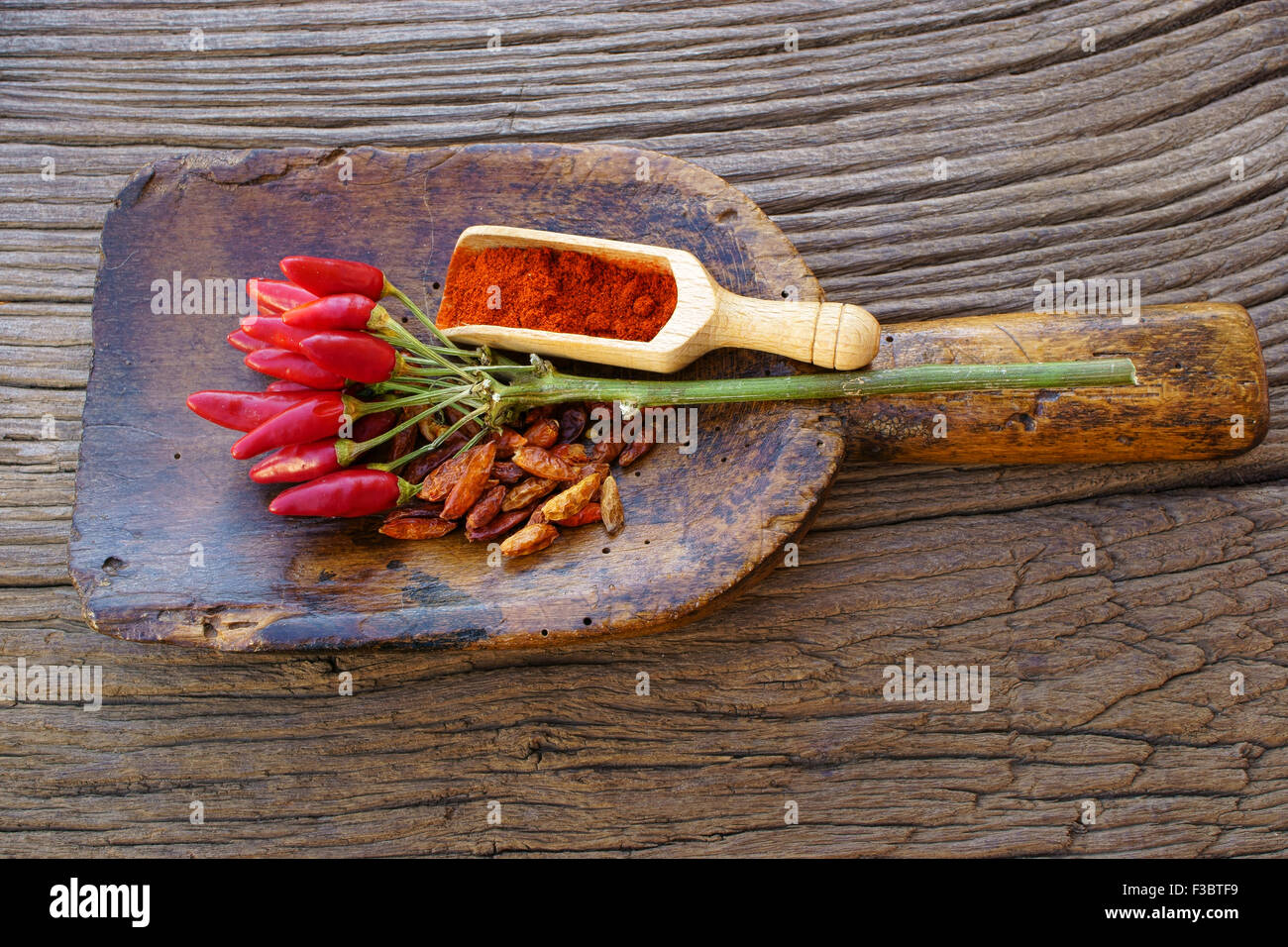 Red Chili Pepper, fresh bunch, dried and as powder on an antique old ...