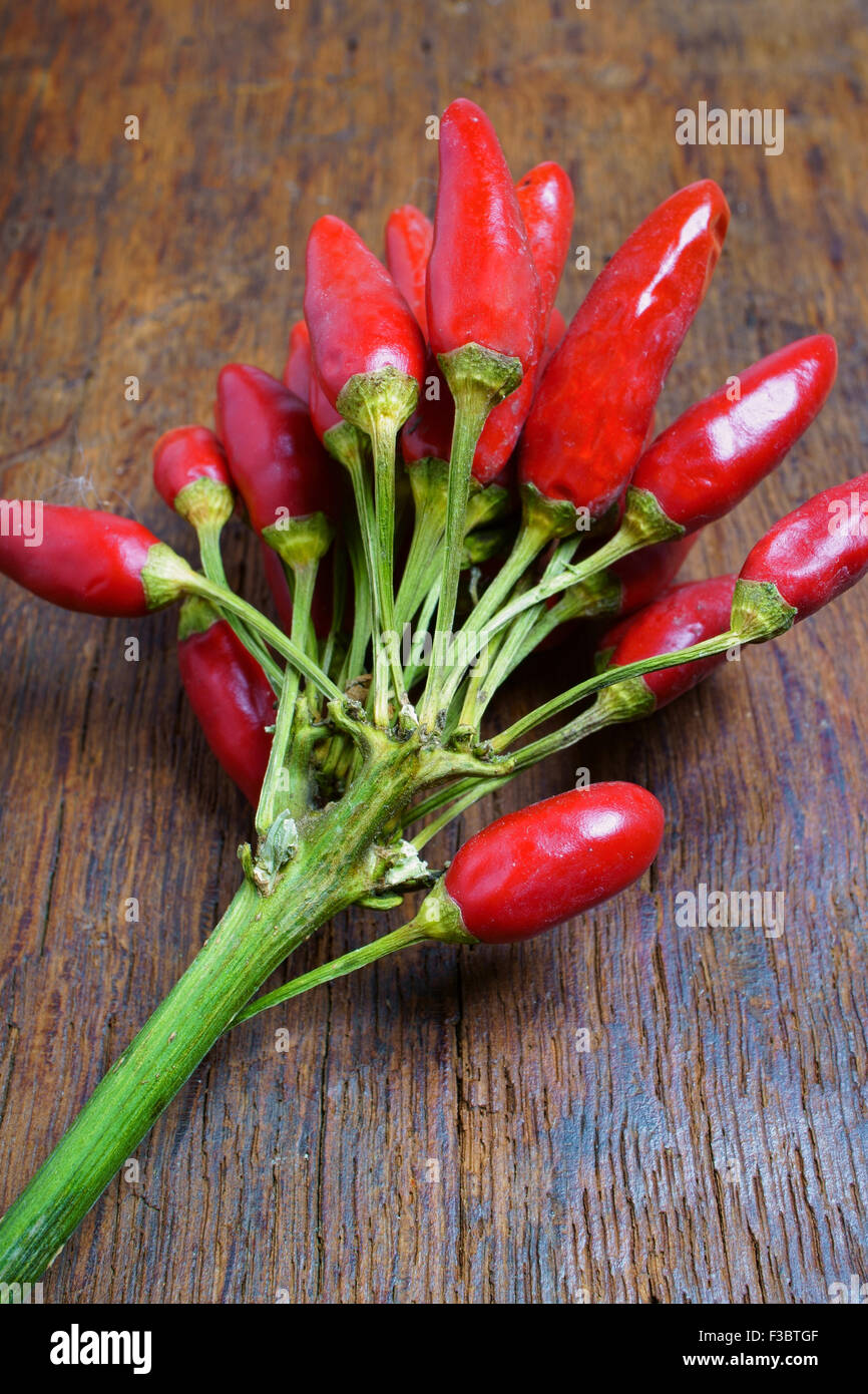 Top view on bunch of red hot chili peppers on old wooden background ...