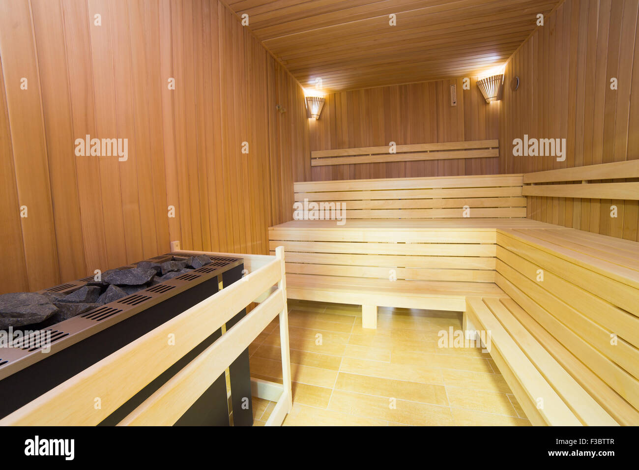 Sauna interior wooden room steam bench bath Stock Photo - Alamy
