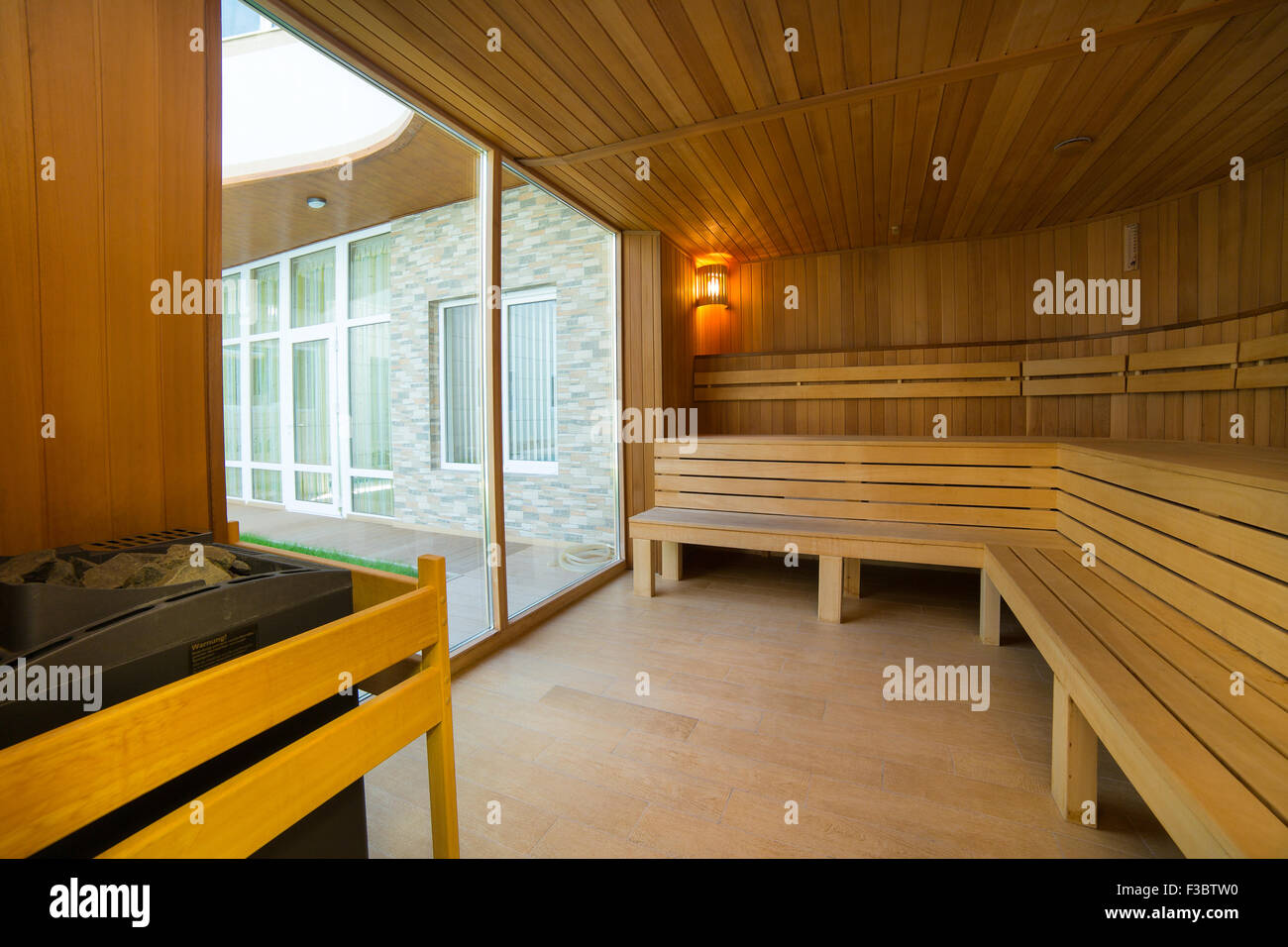 Sauna interior wooden room steam bench bath Stock Photo - Alamy