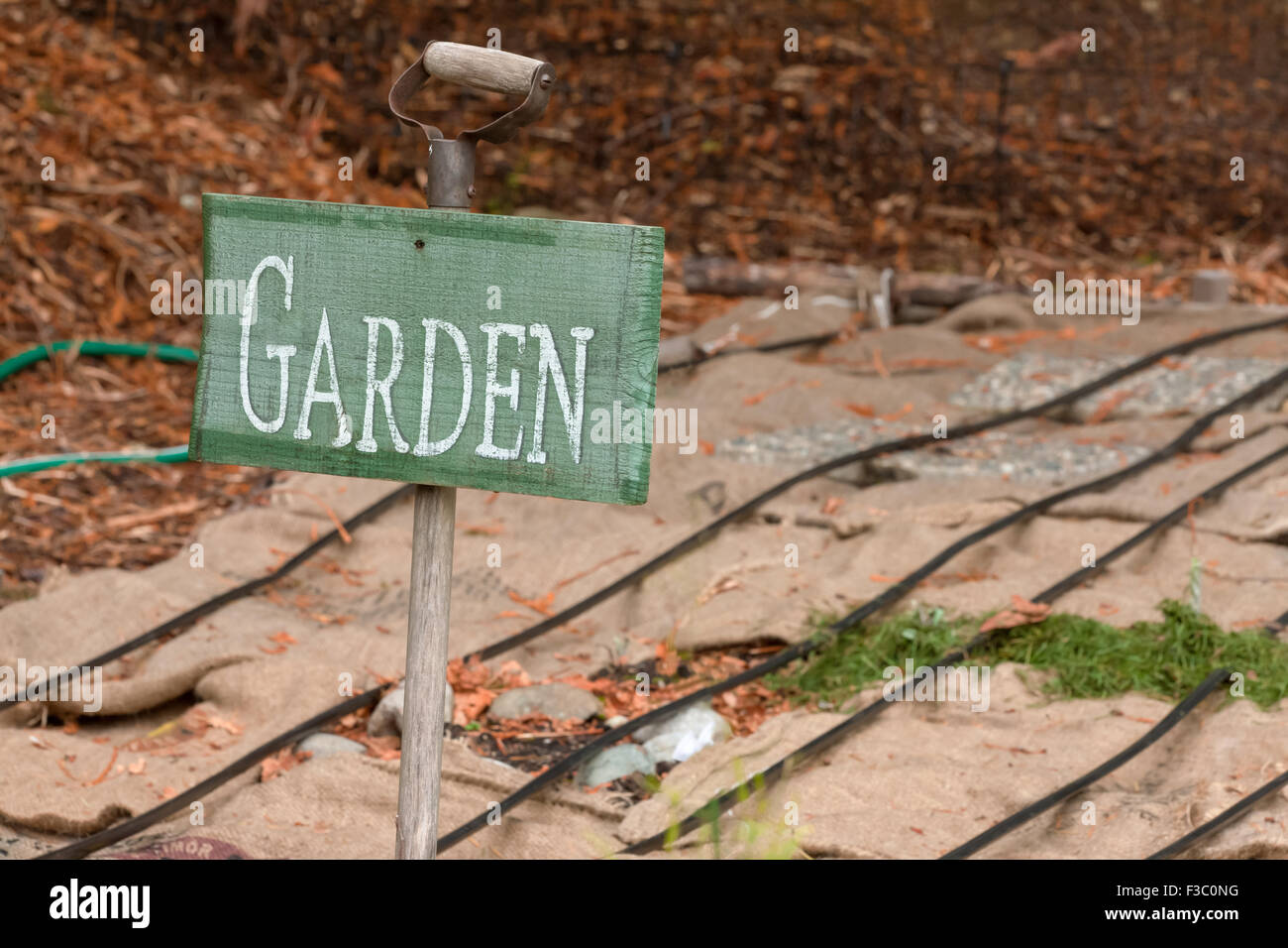 Garden sign and burlap bags covering vegetable garden to mulch, protect ...