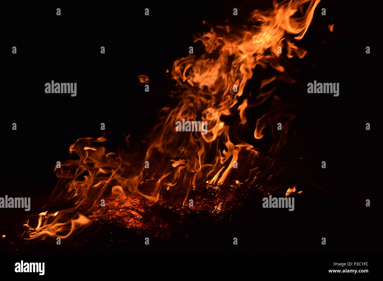 Fire fire. Burning of rice straw at night Stock Photo - Alamy