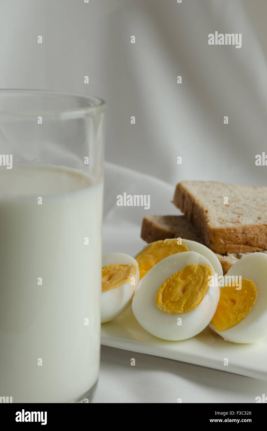 Easy Breakfast with Whole Grain Bread, Boiled Egg and Milk Stock Photo ...