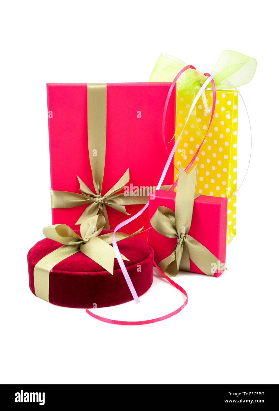 Luxury gift boxes in dark red and brown shades with green satin ribbon ...