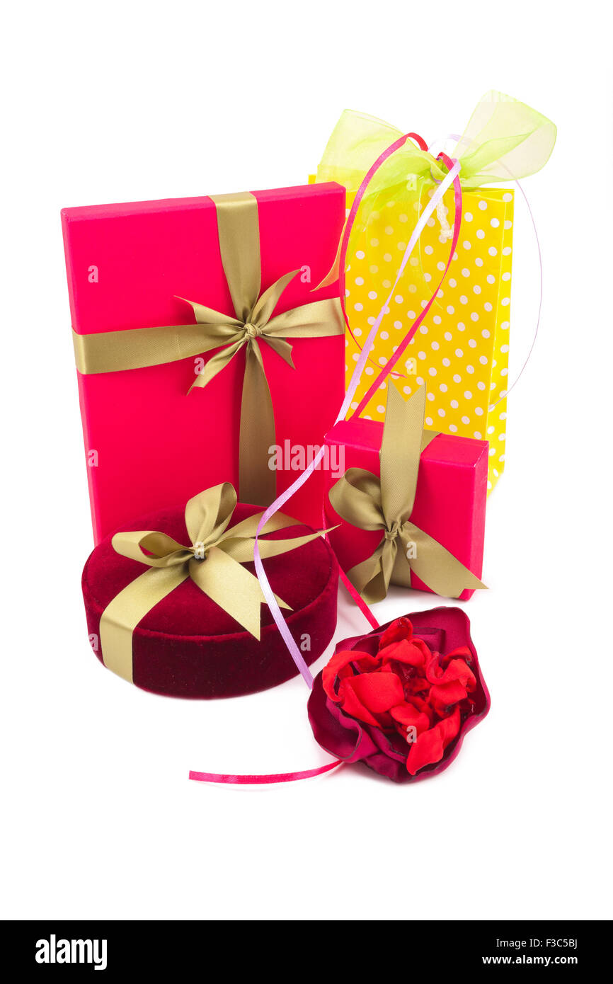 Luxury gift boxes in dark red and brown shades with green satin ribbon ...