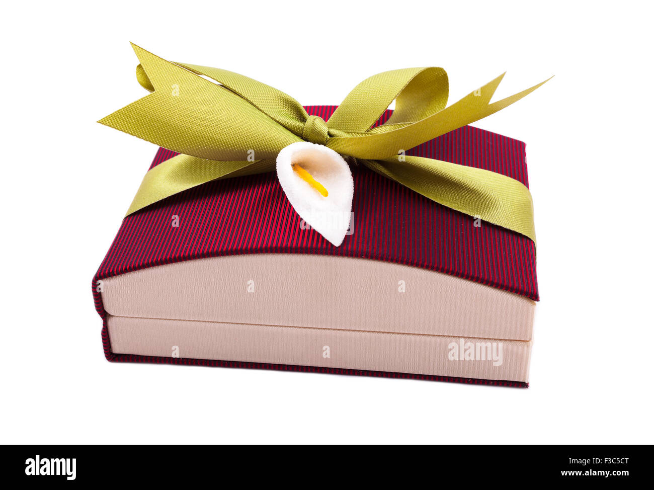 Luxury gift box in dark red shades with green satin ribbon and bow ...