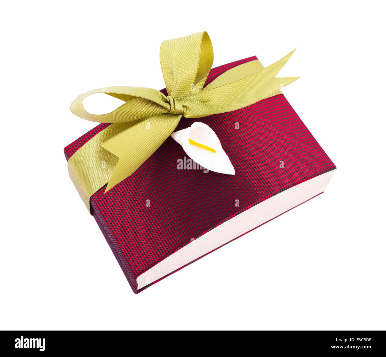 Luxury gift box in dark red shades with green satin ribbon and bow ...