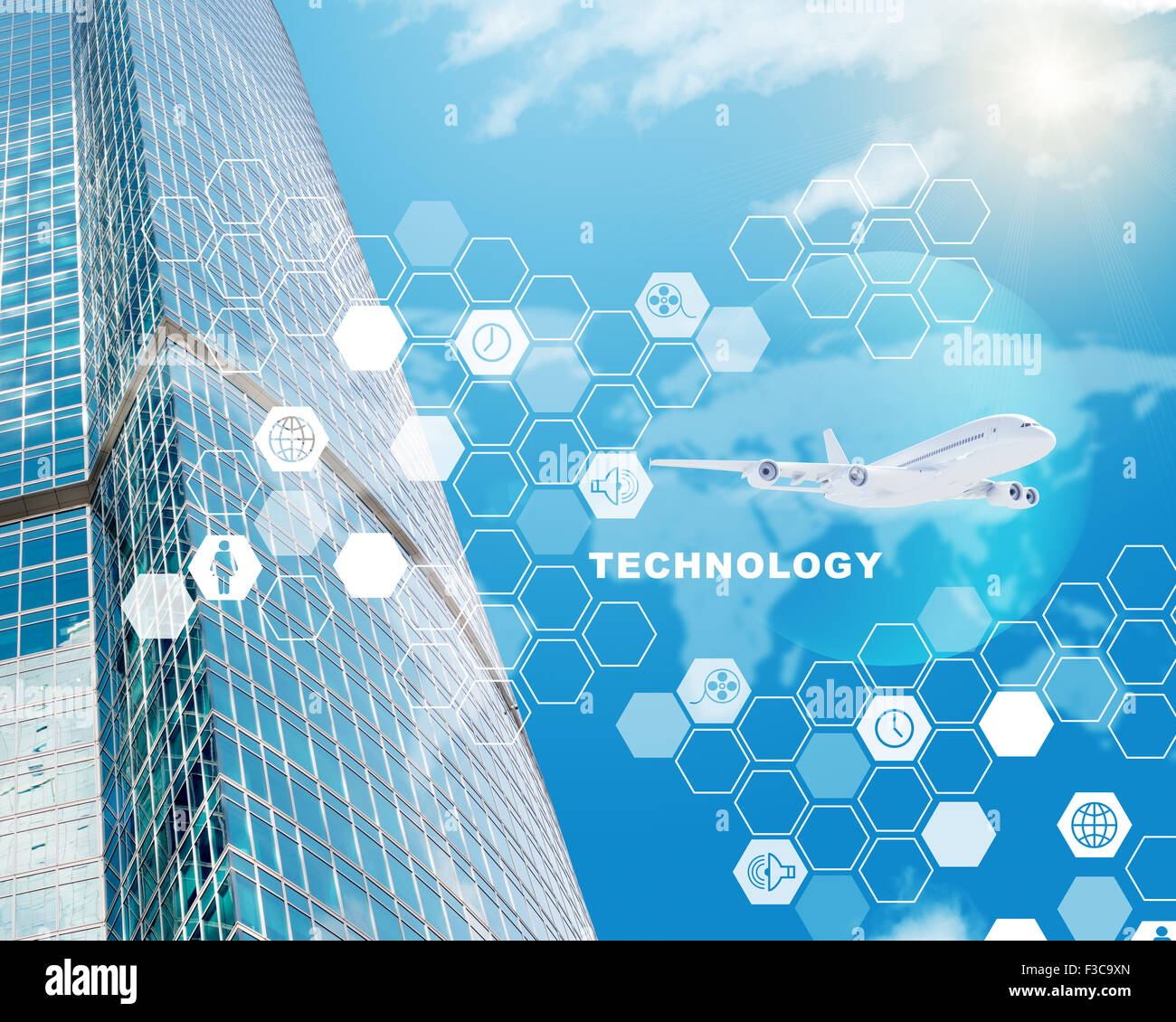 Business center with world map and clouds Stock Photo - Alamy