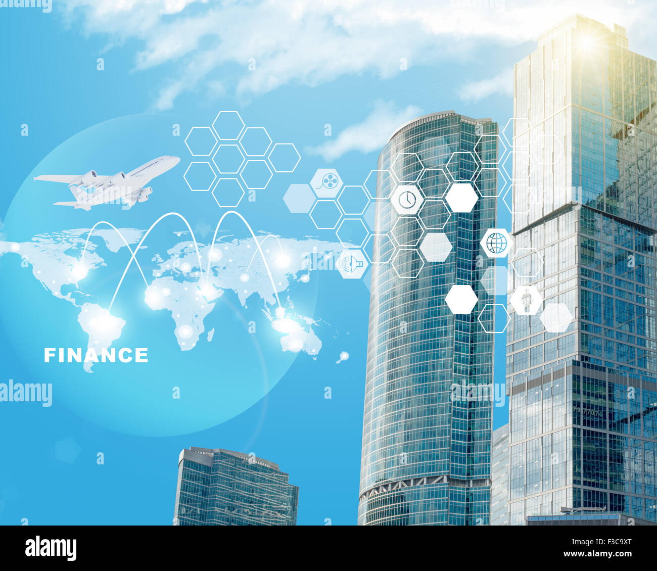 Business center with world map and jet Stock Photo - Alamy