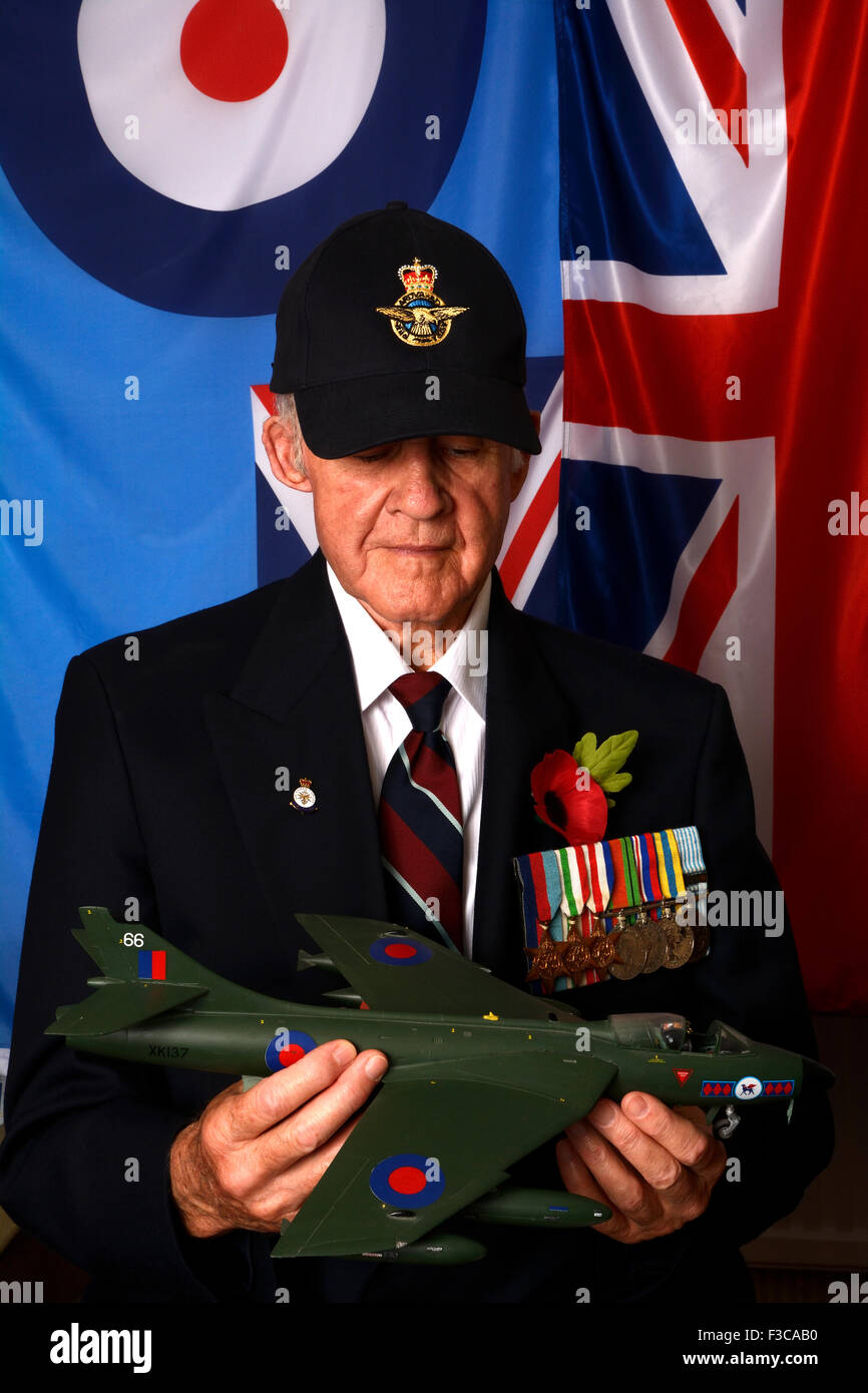 ROYAL AIR FORCE VETERAN AT REUNION INSPECTING MODEL OF RAF HUNTER JET ...