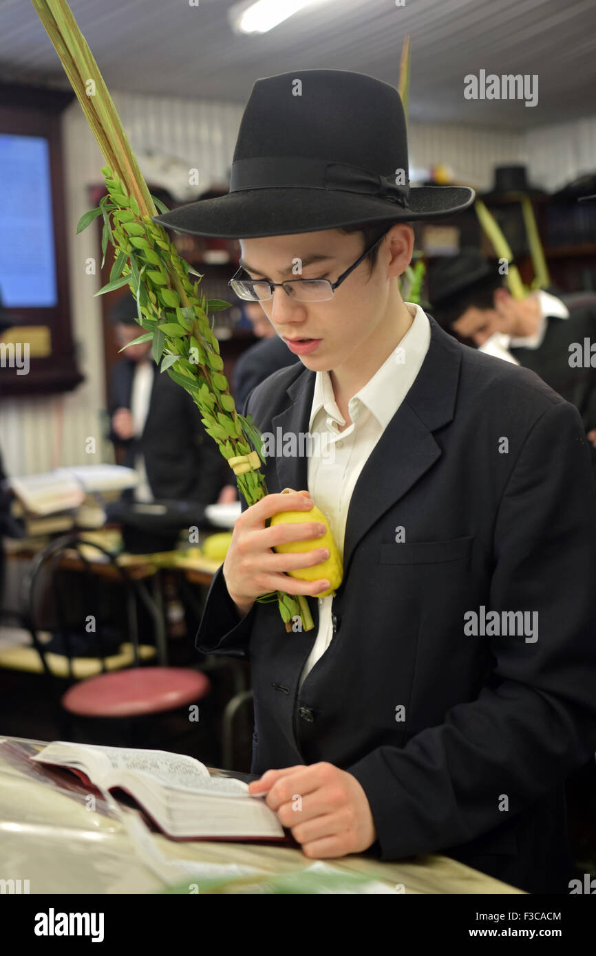 A religious young man holding an esrog & lulav at morning Sukkot ...