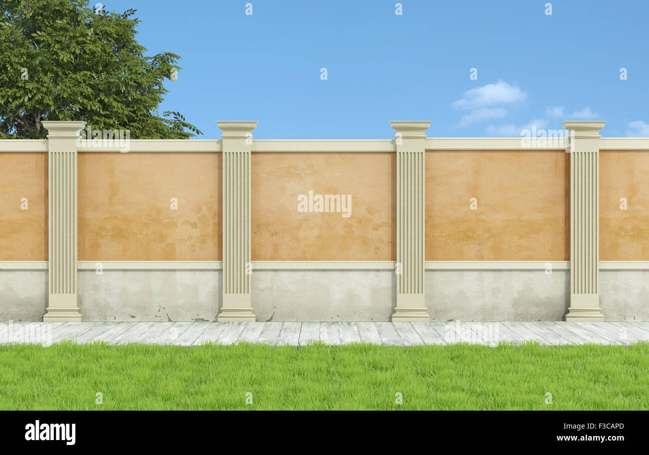 Empty classic garden with orange wall , pilaster and wooden floor - 3D ...