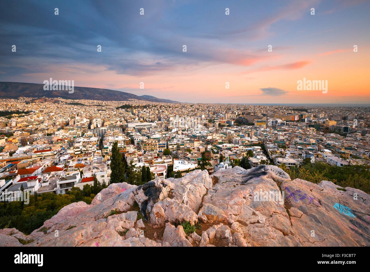 Evening view of Athens from Filopappou hill, Greece Stock Photo - Alamy