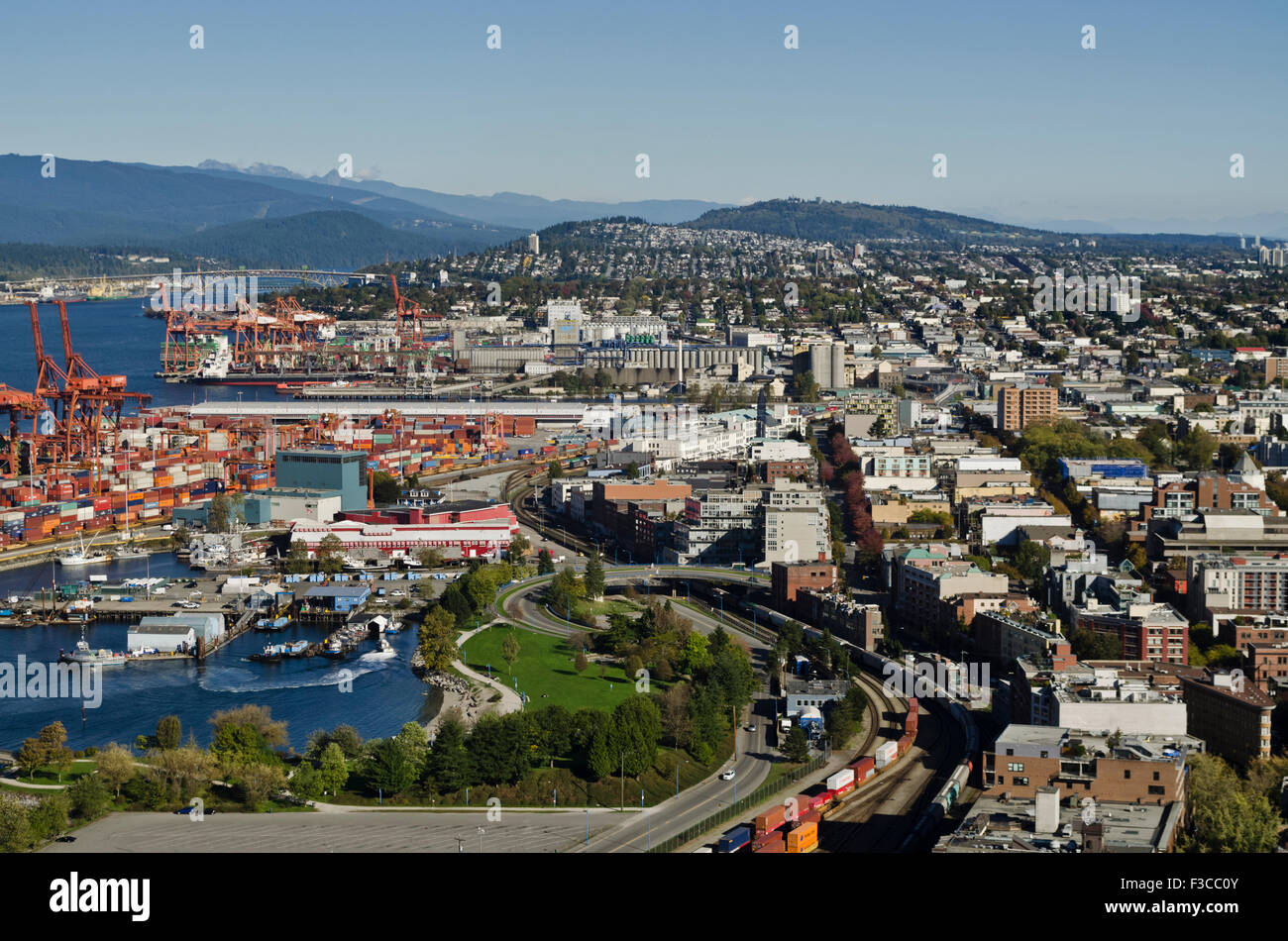 Aerial view from above looking East to Burnaby mountain from downtown ...