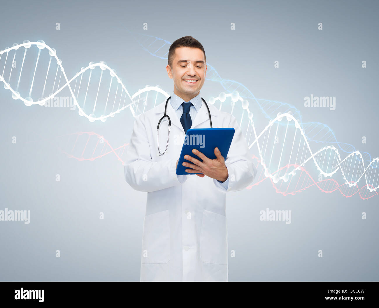 happy male doctor with tablet pc and dna molecule Stock Photo - Alamy