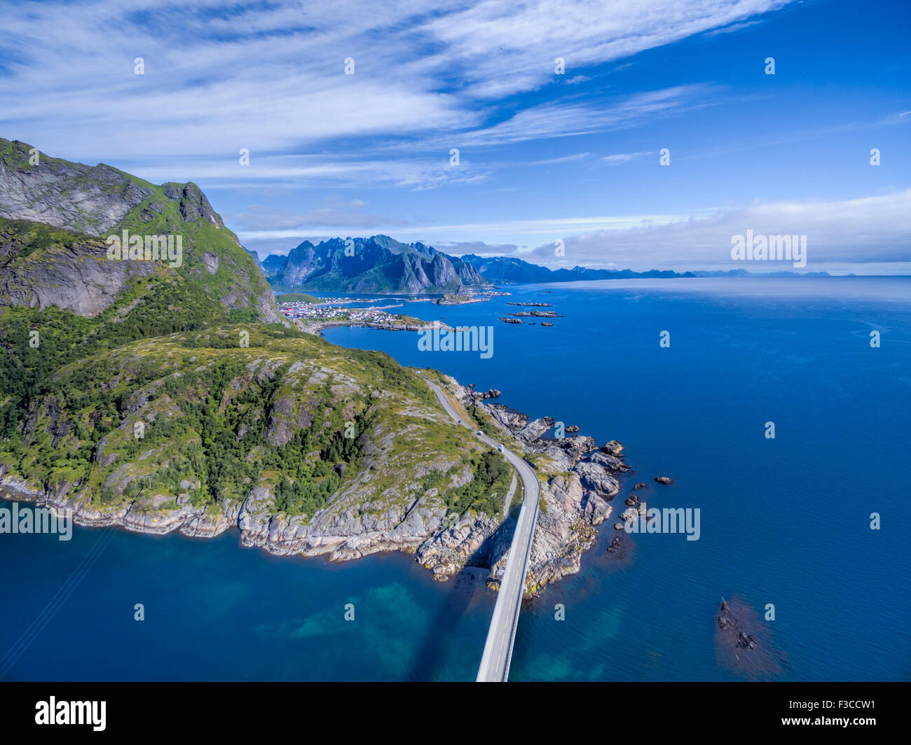 Aerial view of scenic coastal road on Lofoten in Norway, on Moskenes ...
