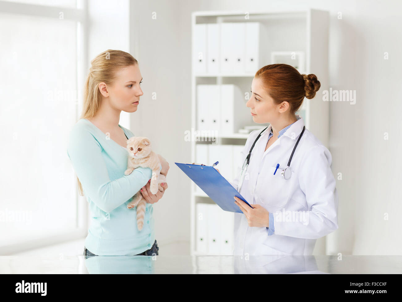woman with cat and doctor at vet clinic Stock Photo - Alamy