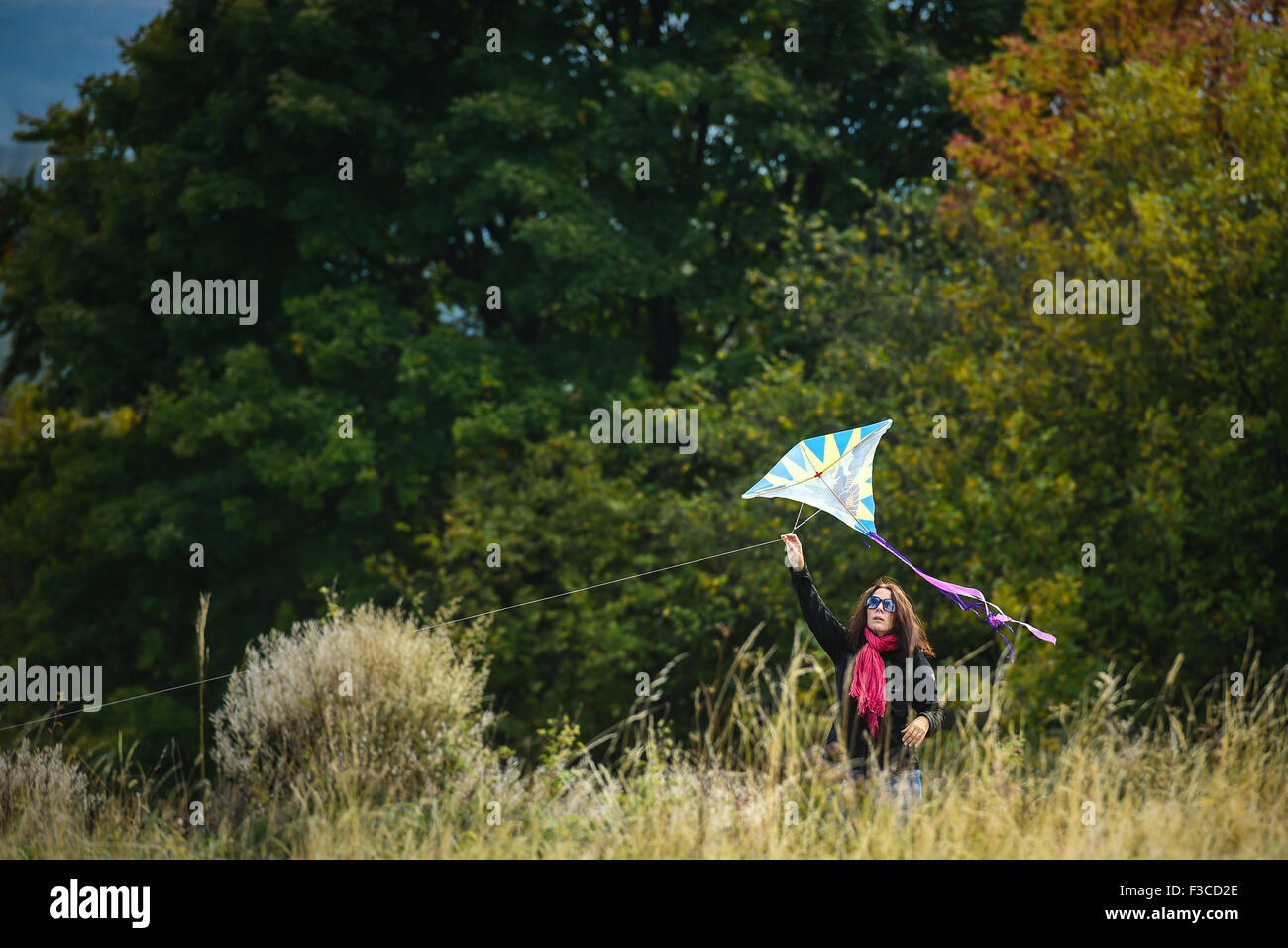 Children are flying kites on the kite meeting near Kozakov, about 80 km ...