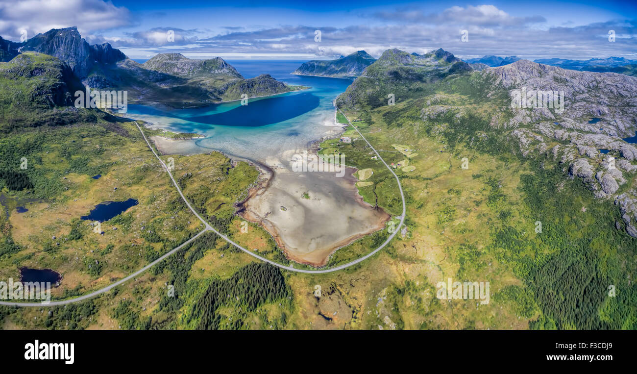 Aerial panorama of scenic road around fjord on Lofoten islands in ...