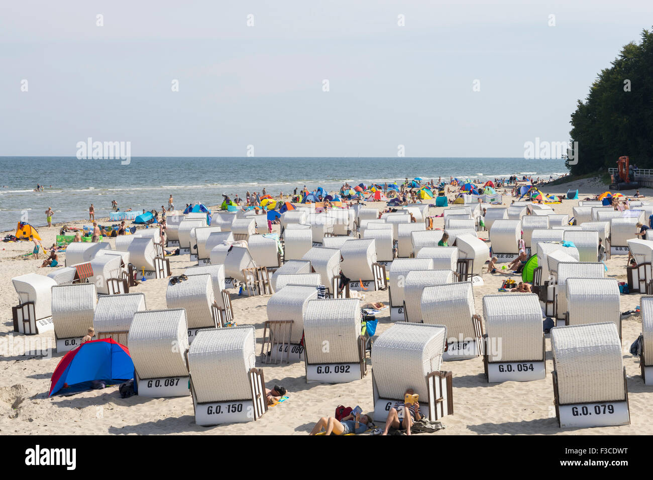 Many traditional Strandkorb beach chairs on beach at Sellin resort on ...