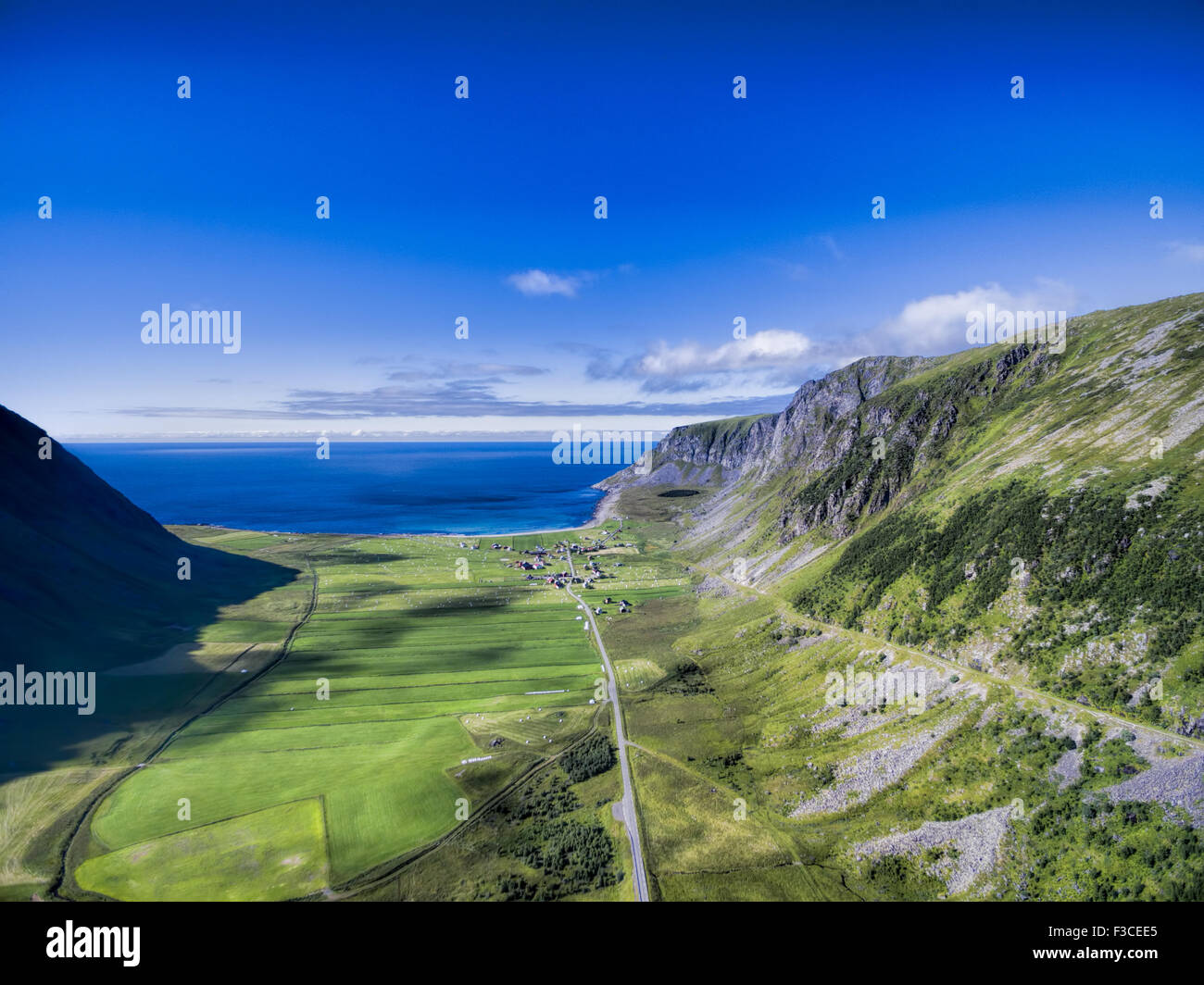 Scenic aerial view of village Unstad on Lofoten islands, famous spot ...