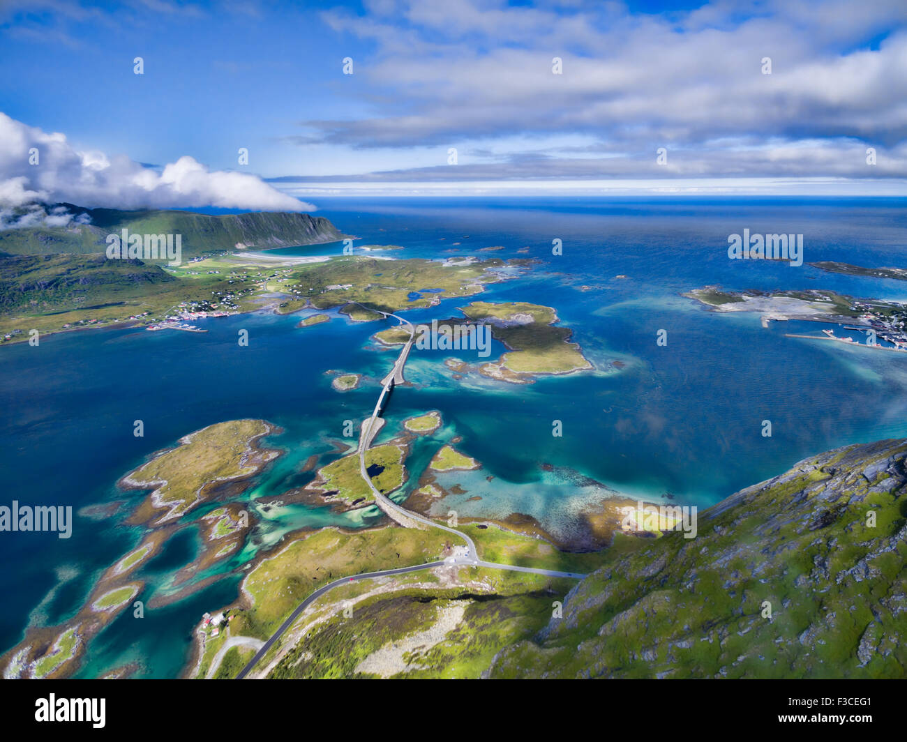 Scenic road bridges connecting islands on Lofoten in Norway, seen from ...